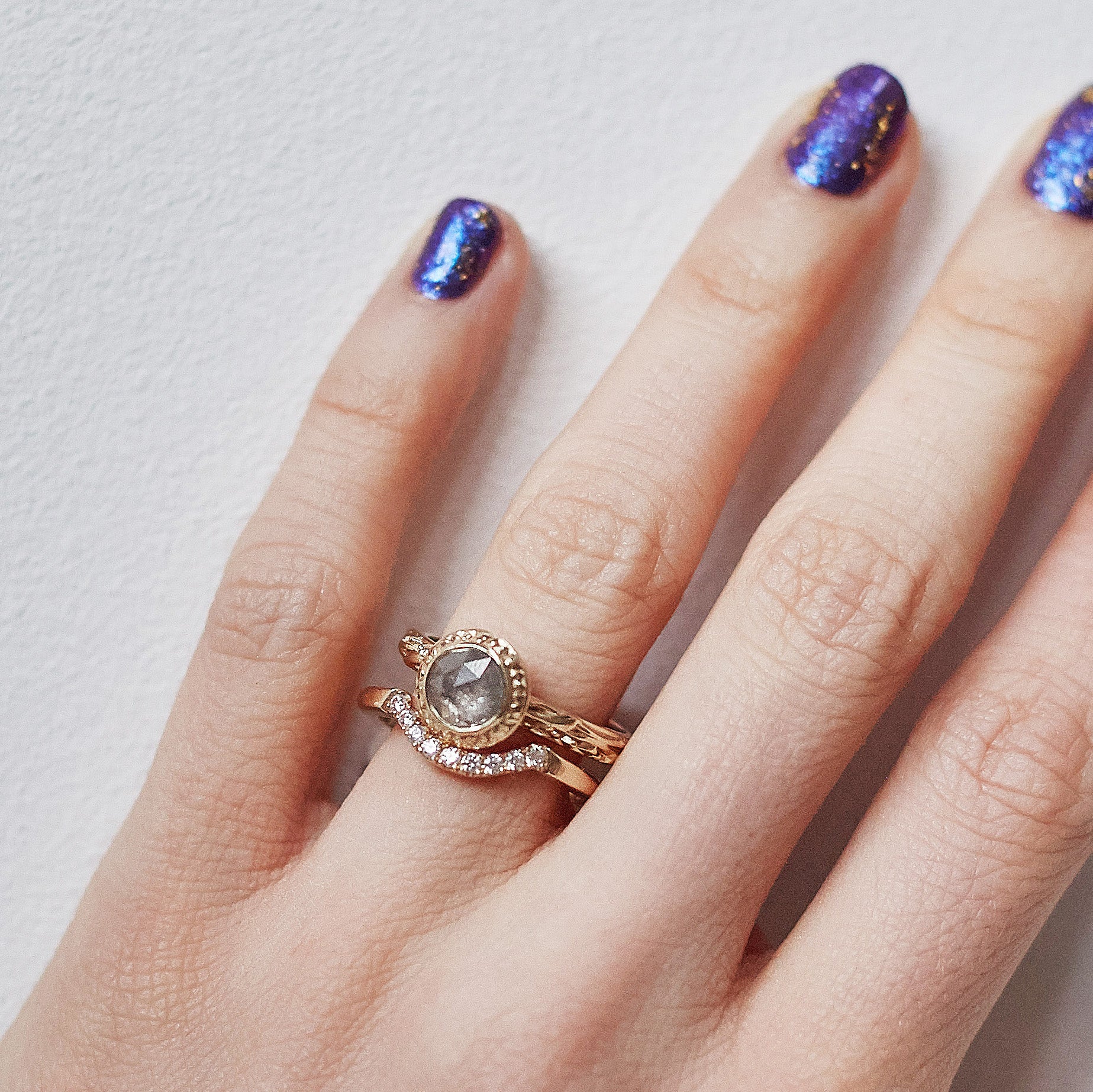 MATRIX HALO BEZEL ENGAGEMENT RING | 14K GOLD | SALT & PEPPER DIAMOND ...